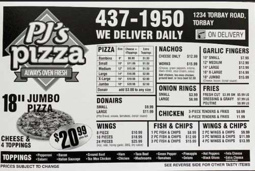 PJ's Pizza menu in Torbay, Newfoundland and Labrador, Canada