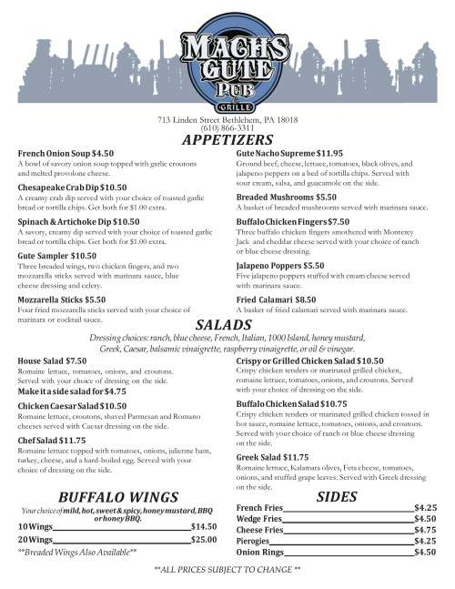 Mach's Gute Pub and Grille menu in Bethlehem, Pennsylvania, USA