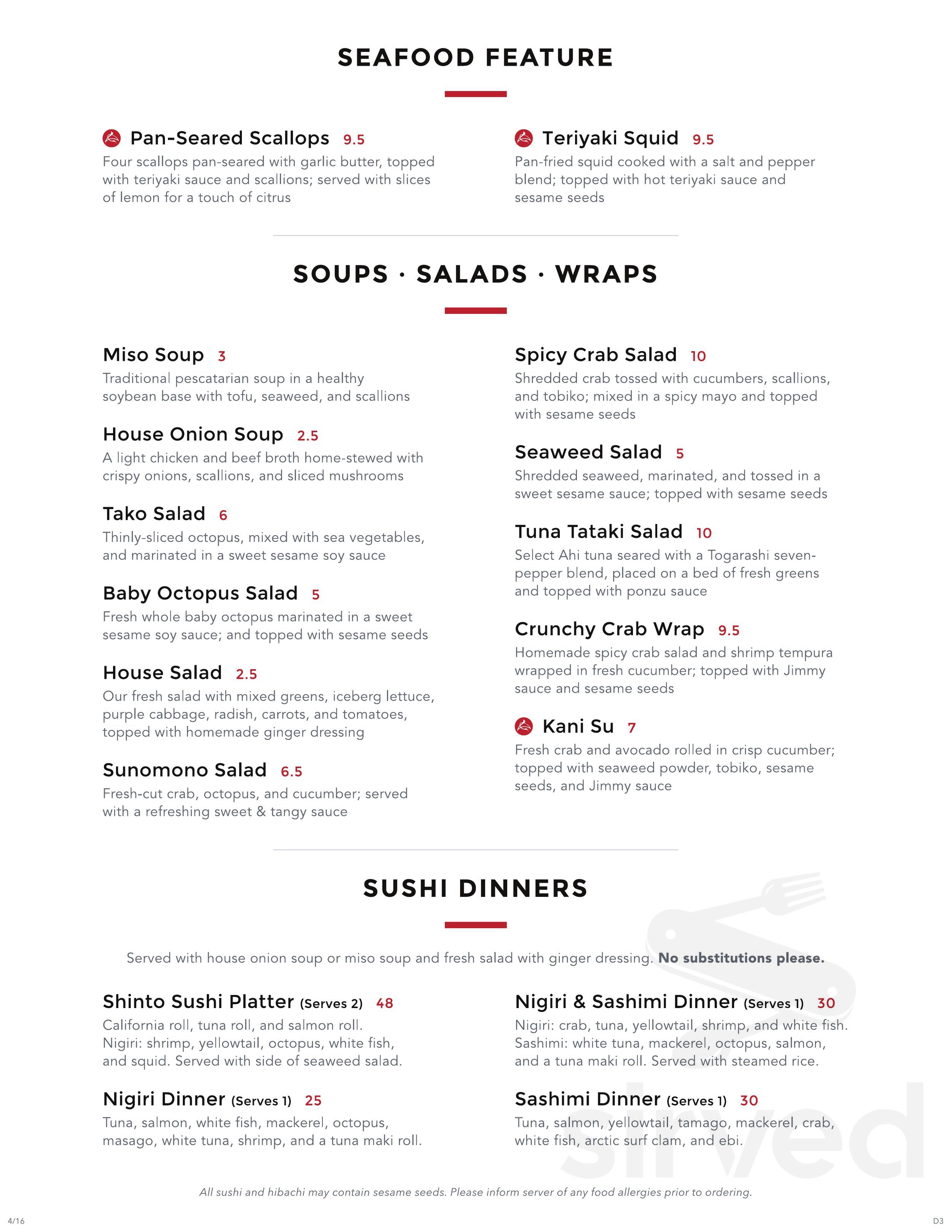 Shinto Japanese Steakhouse & Sushi Bar menu in Strongsville, Ohio, USA