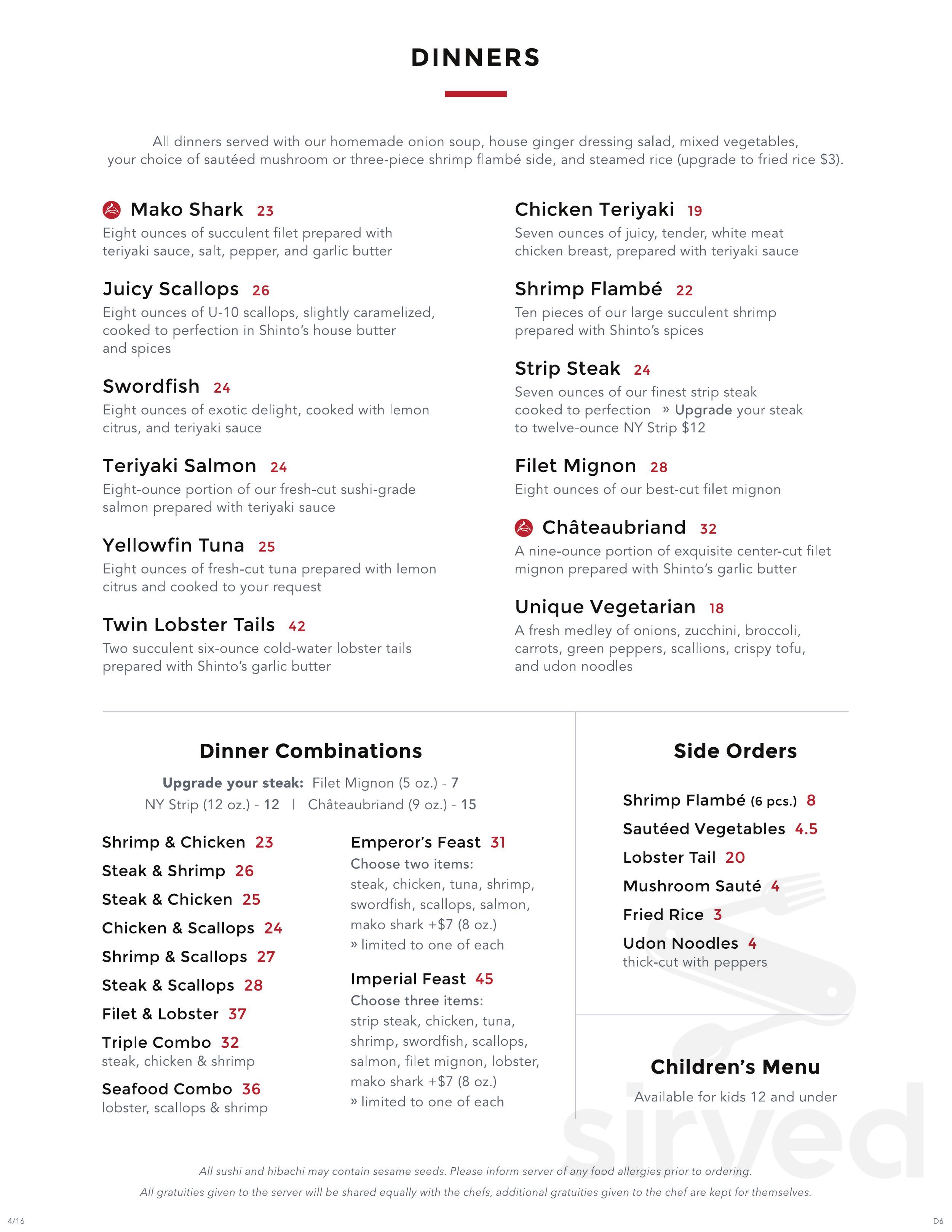 Shinto Japanese Steakhouse & Sushi Bar menu in Strongsville, Ohio, USA