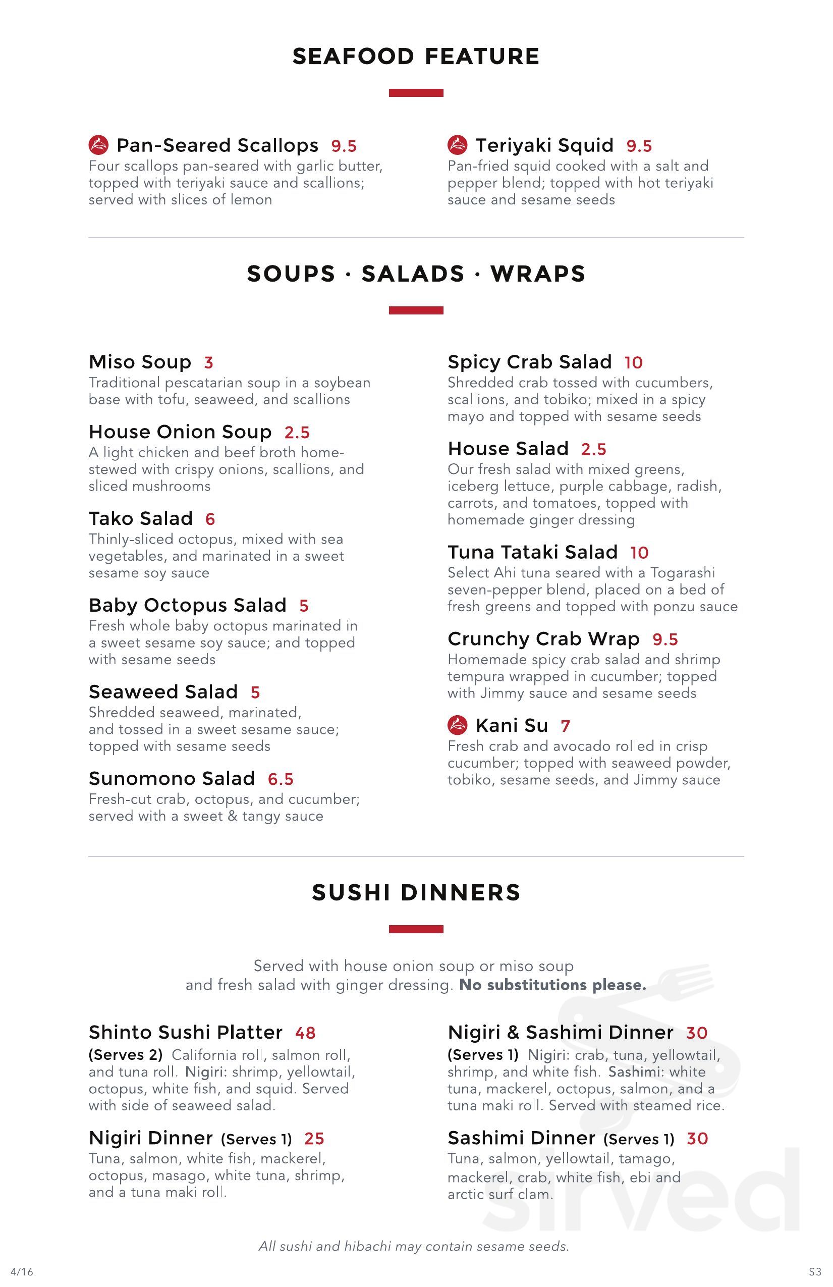 Shinto Japanese Steakhouse & Sushi Bar menu in Strongsville, Ohio, USA
