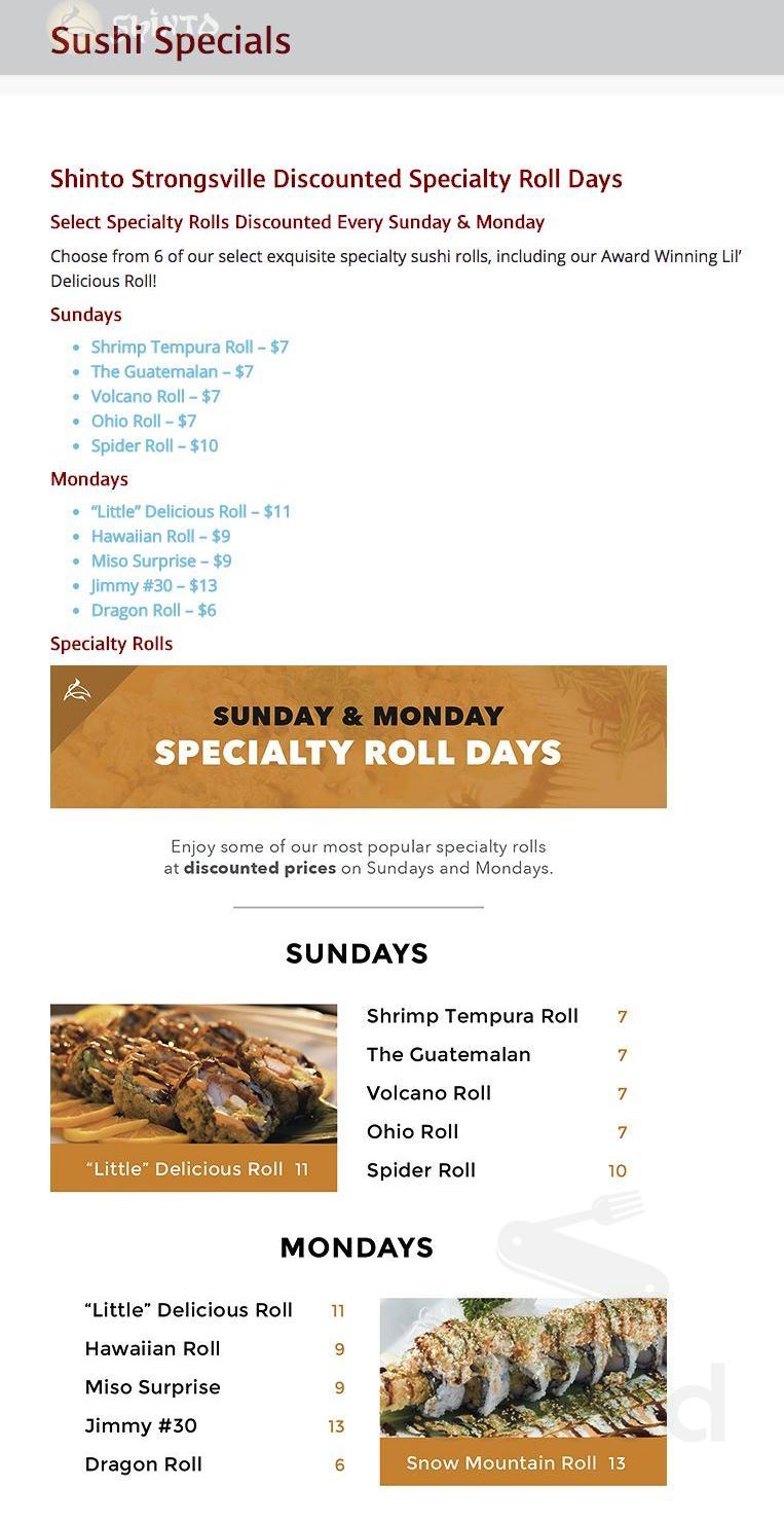 Shinto Japanese Steakhouse & Sushi Bar menu in Strongsville, Ohio, USA