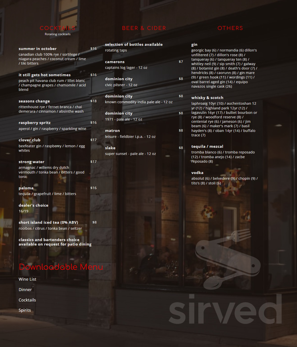 Menu - Ottawa ON's Fauna | Sirved