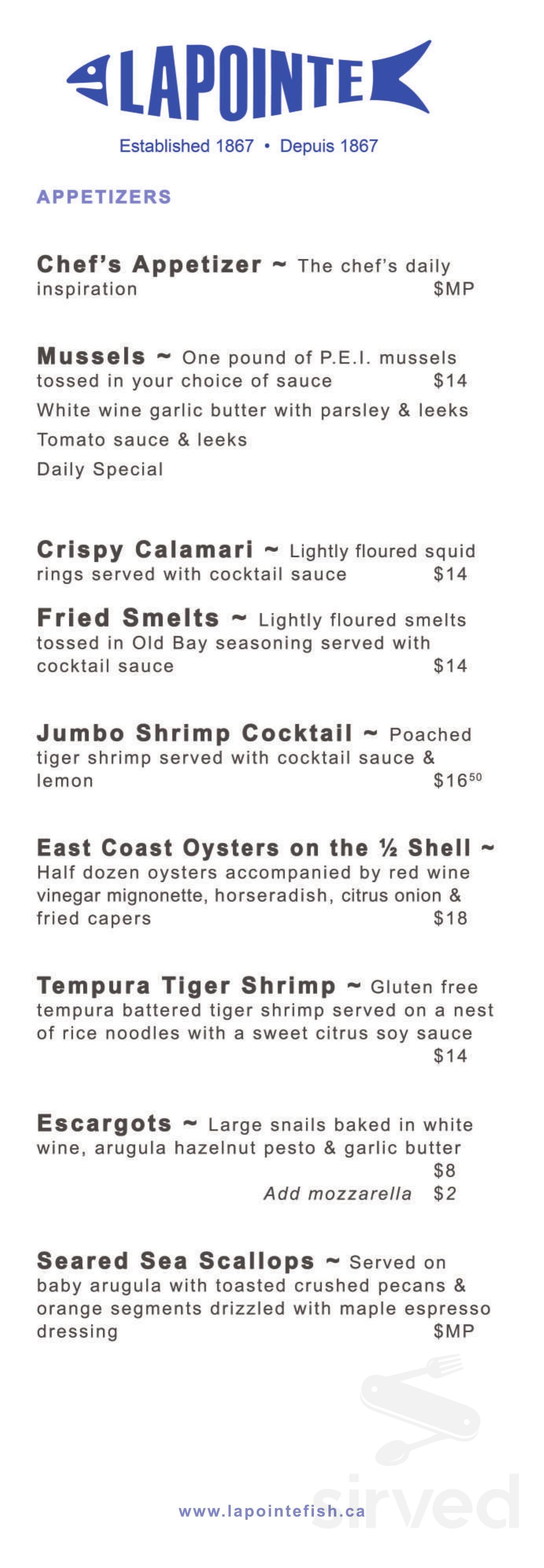 Lapointe Seafood Grill & Sushi menus in Nepean, Ontario, Canada