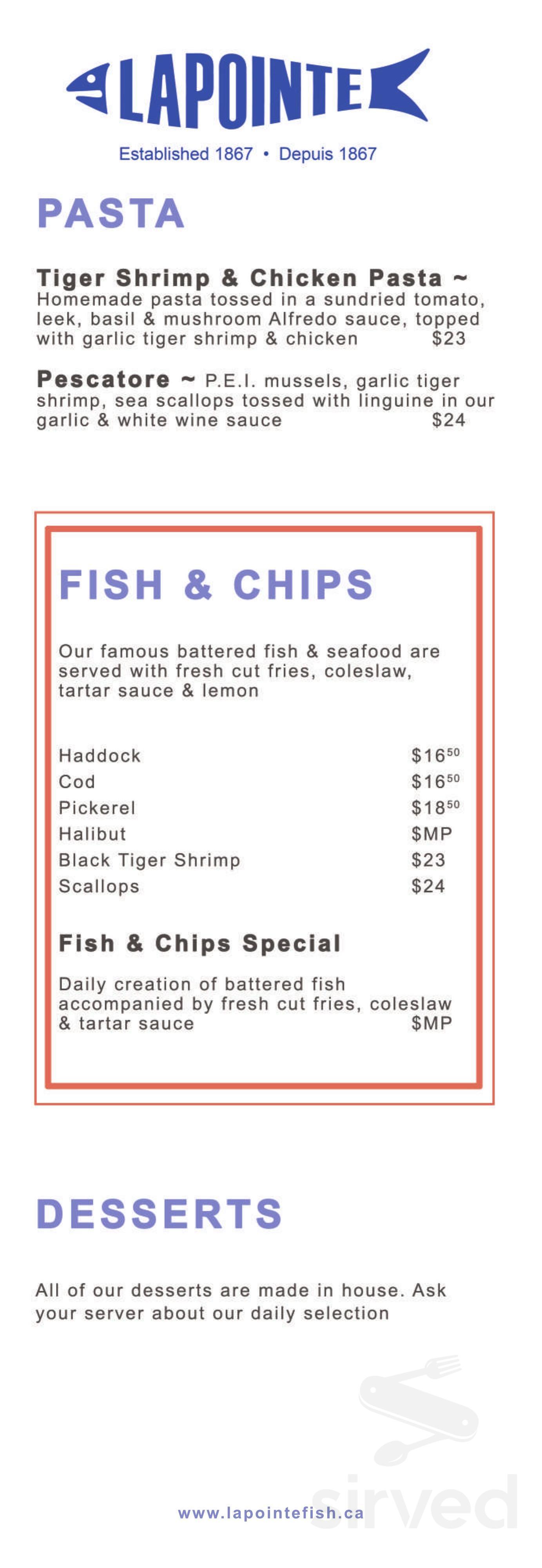 Lapointe Seafood Grill & Sushi menus in Nepean, Ontario, Canada