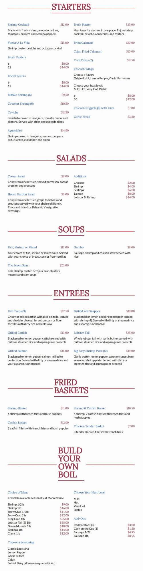 Sunset Crab Shack menu in Dallas, Texas, USA