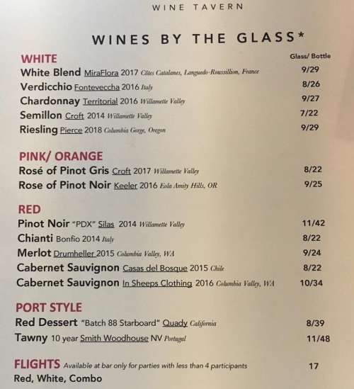 The Valkyrie Wine Tavern menu in Independence, Oregon, USA