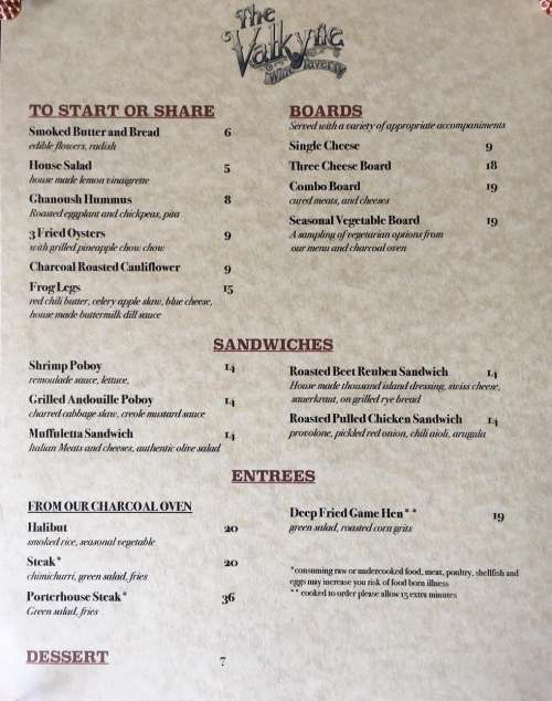 The Valkyrie Wine Tavern menu in Independence, Oregon, USA