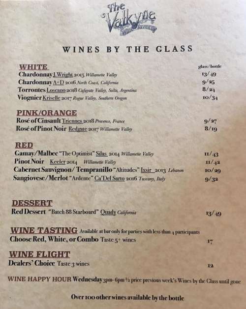 The Valkyrie Wine Tavern menu in Independence, Oregon, USA