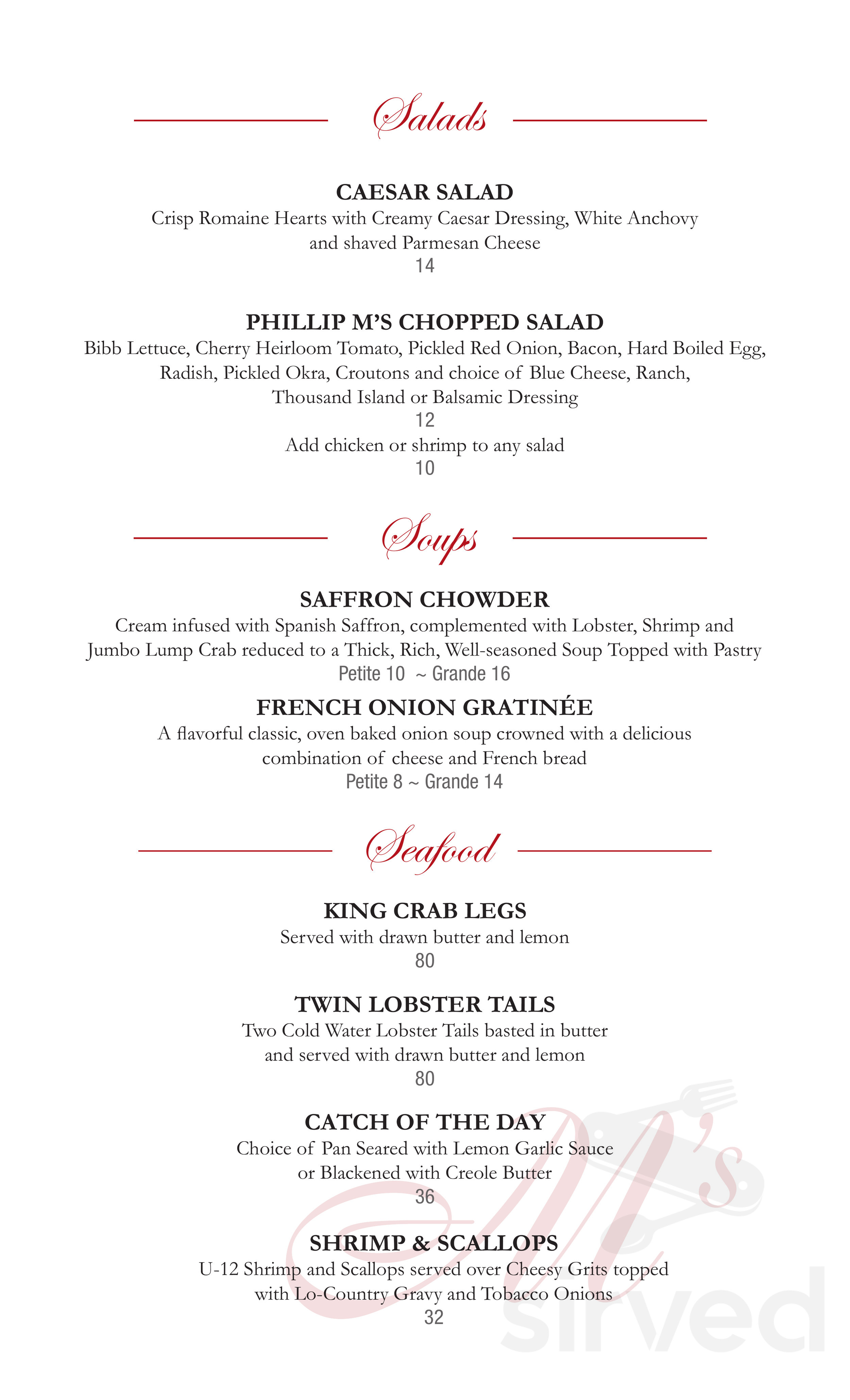 Phillip M's Fine Dining menu in Philadelphia, Mississippi, USA