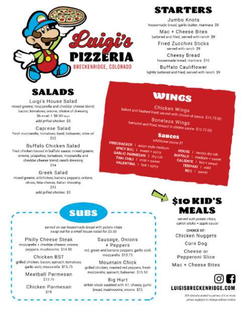 Luigi's Pizzeria menu in Breckenridge, Colorado, USA