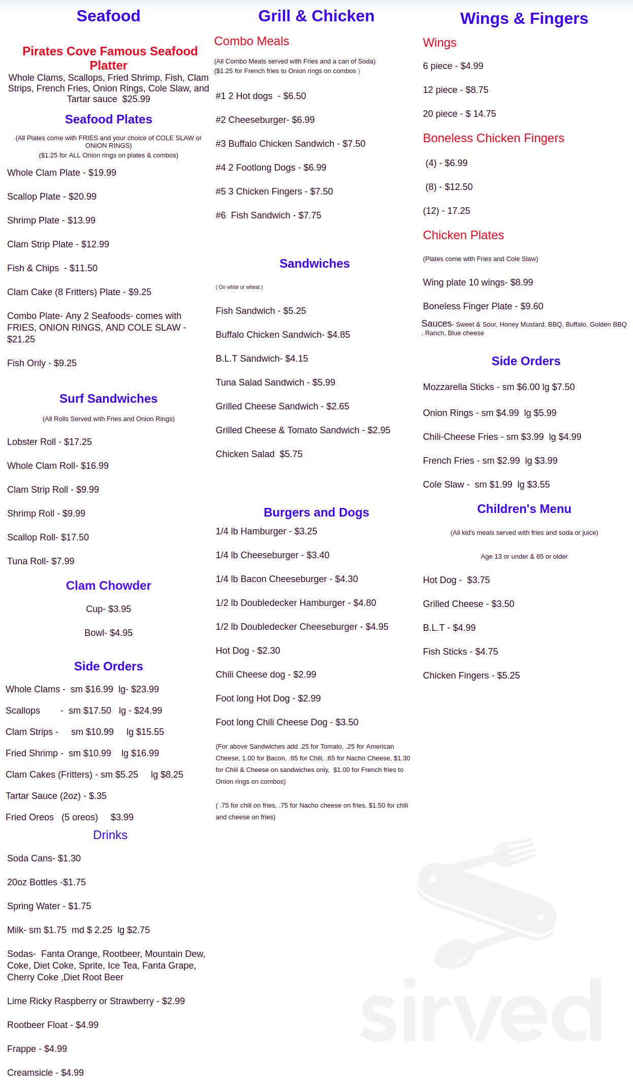 Menu for Pirate's Cove in Linwood, MA | Sirved