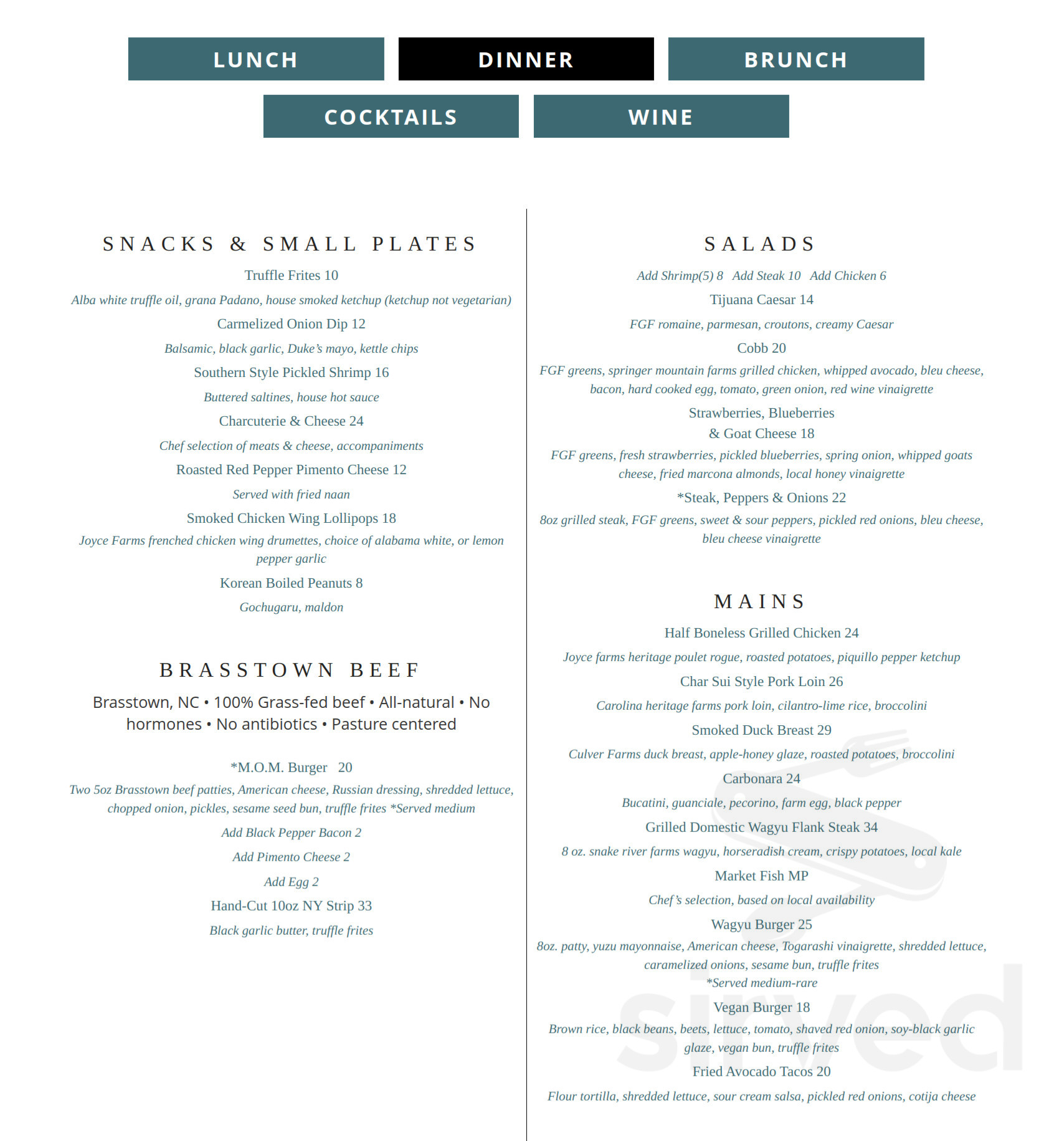 Market On Main menu in Columbia, South Carolina, USA