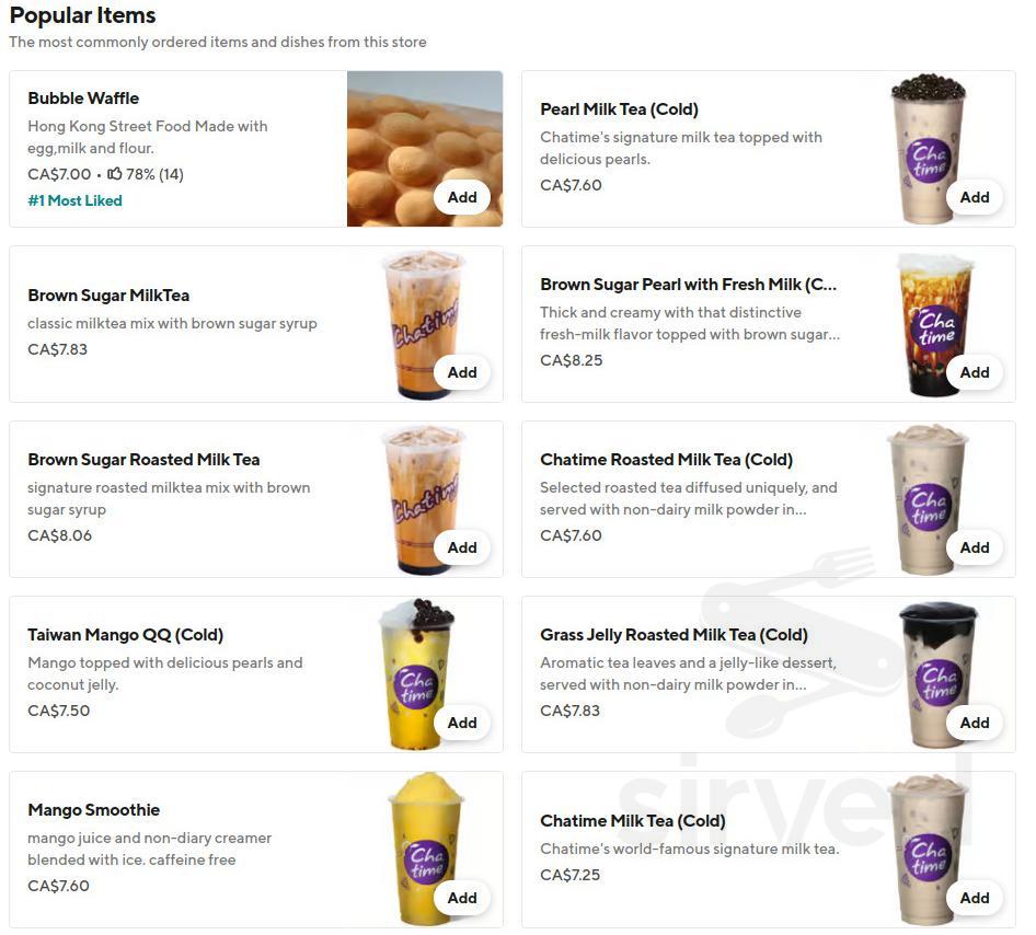Chatime Kelowna menus in Kelowna, British Columbia, Canada