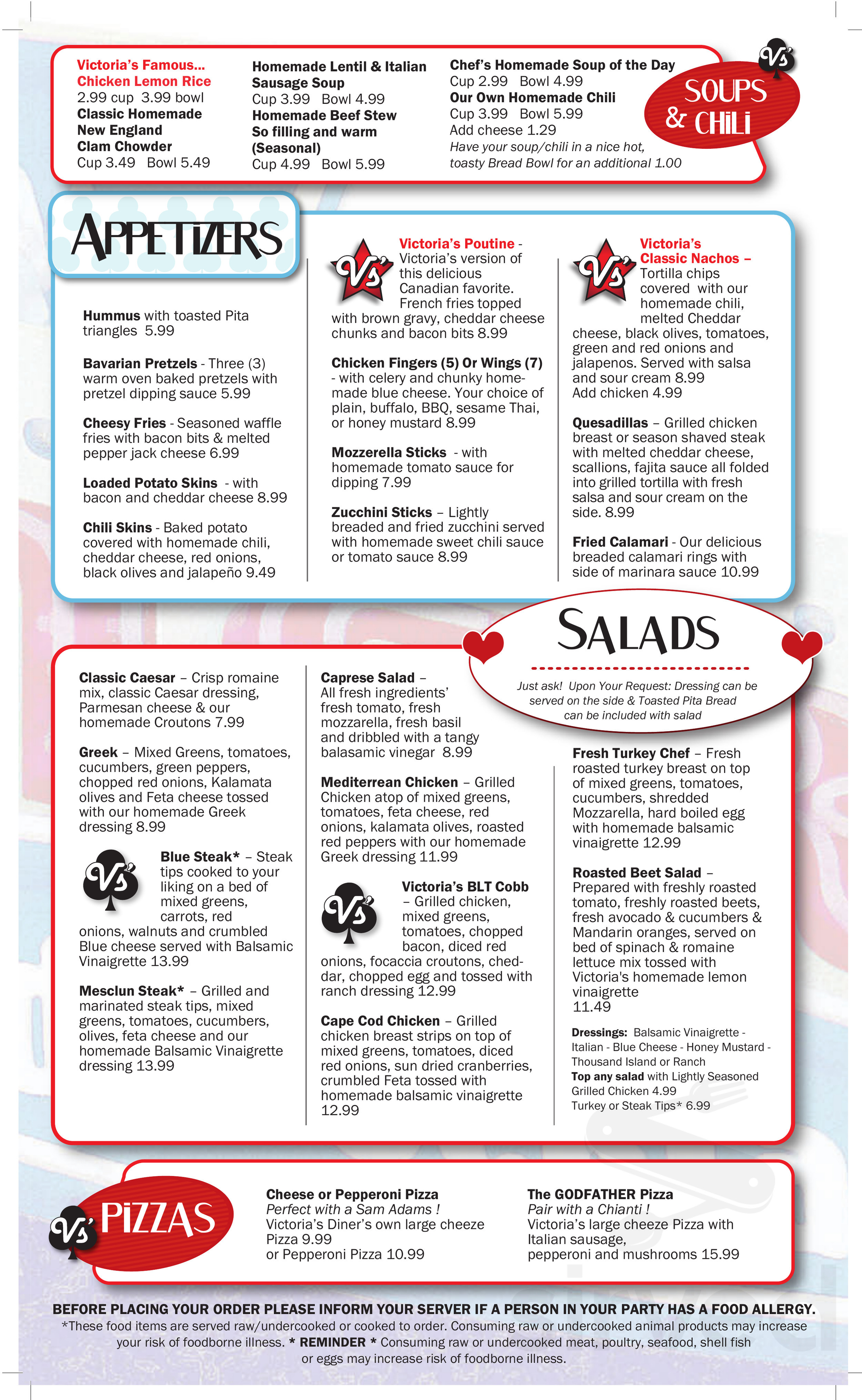 Victoria's Diner menu in Boston, Massachusetts, USA