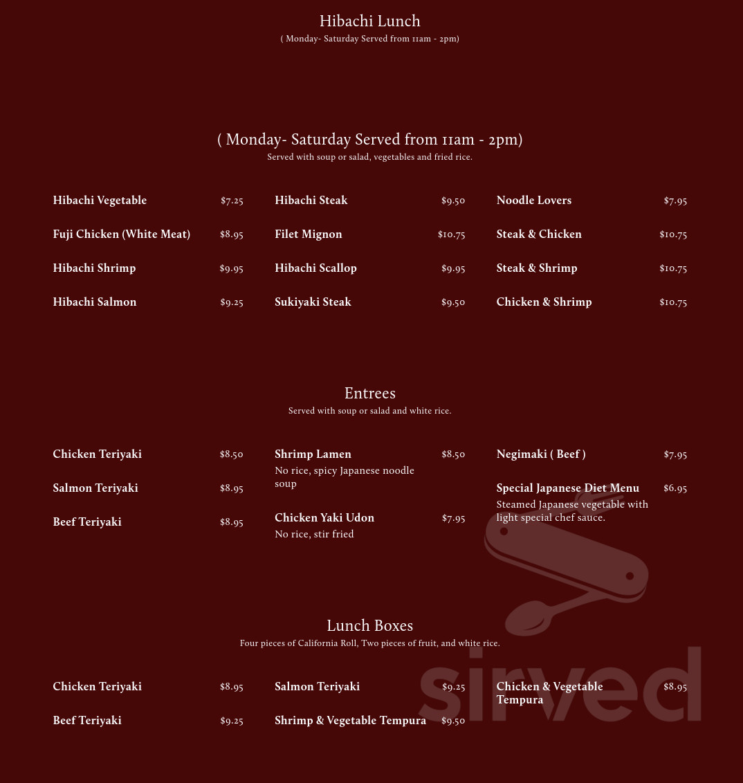 Menu - Conway AK's Fuji Steakhouse | Sirved