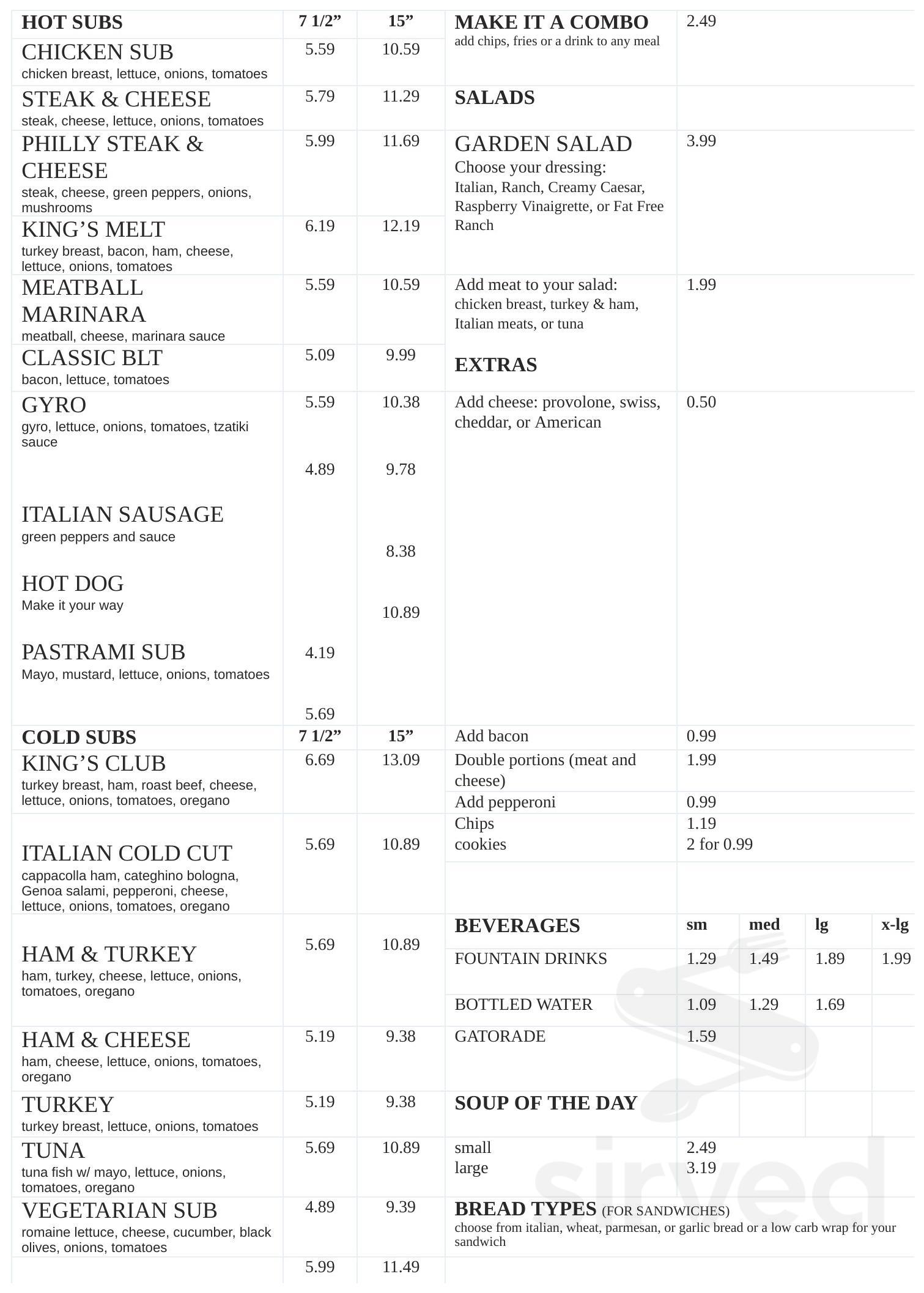 Menu for Kings Subs in Phoenix, AZ | Sirved