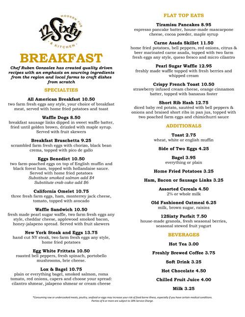 12 Sixty Modern Pub & Kitchen menu in La Mirada, California, USA