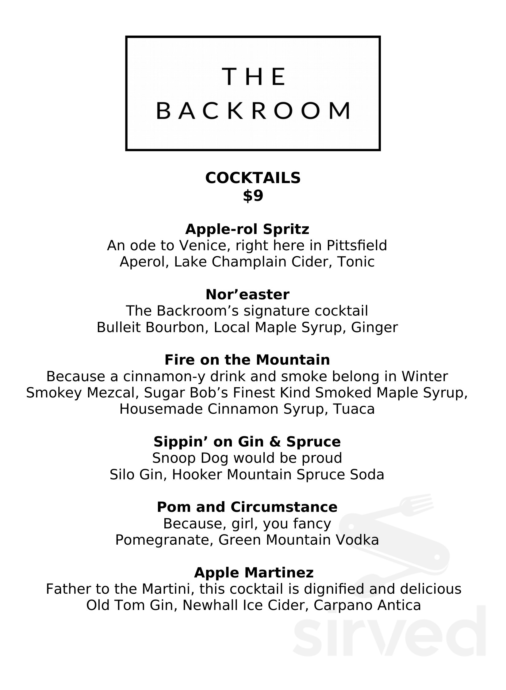 The Backroom menu in Pittsfield, Vermont, USA