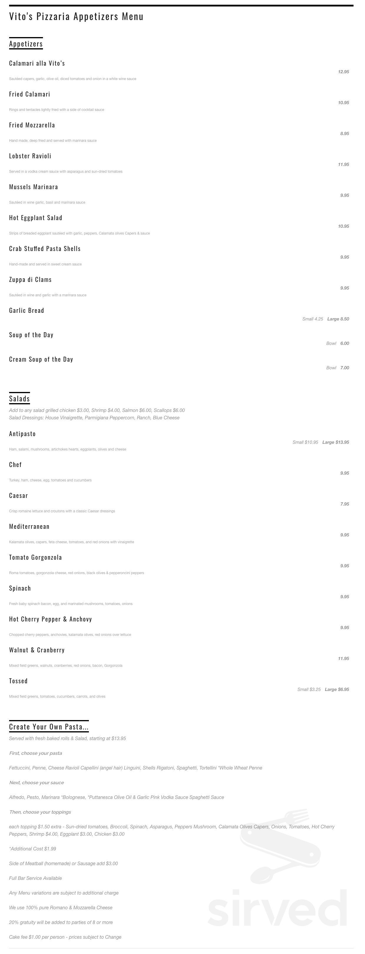 Vito's Restaurant and Pizzaria menus in Wethersfield, Connecticut ...