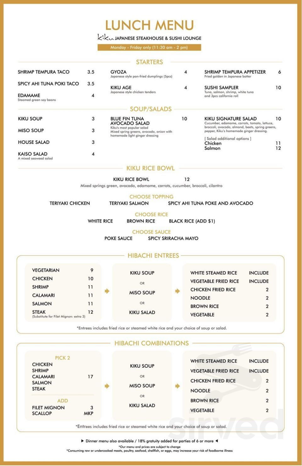 Menu - Naperville IL's Kiku Japanese Steak House & Sushi Lounge | Sirved