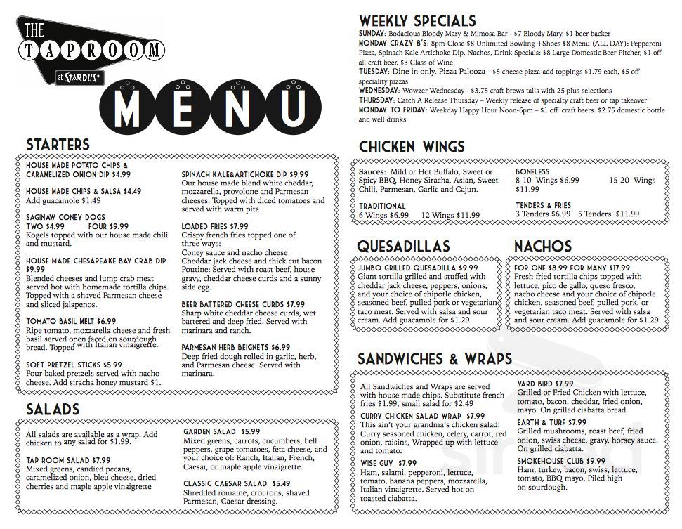 Stardust Entertainment Center menu in Saginaw, Michigan, USA