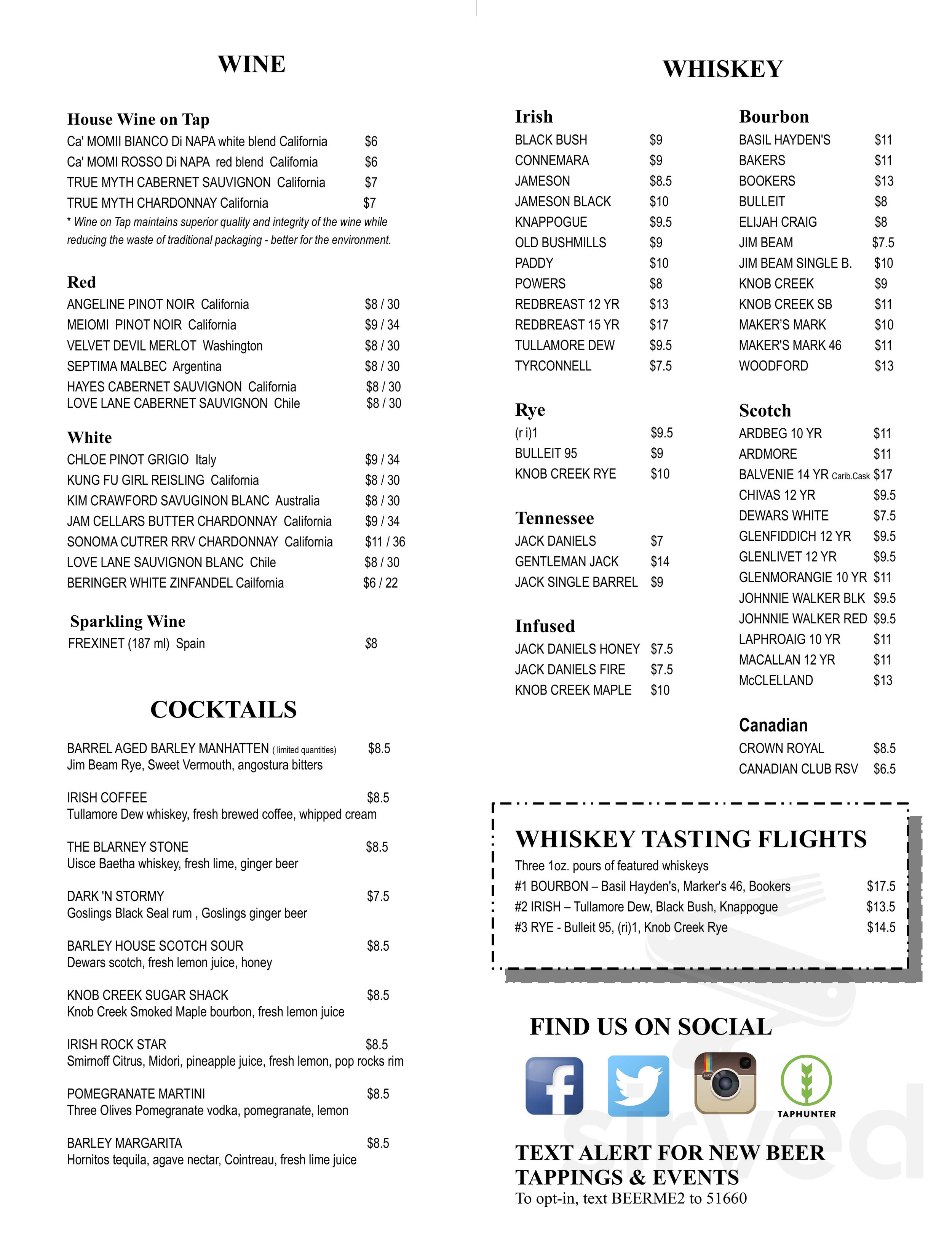 Menu for The Barley House Restaurant & Tavern in Concord, NH | Sirved