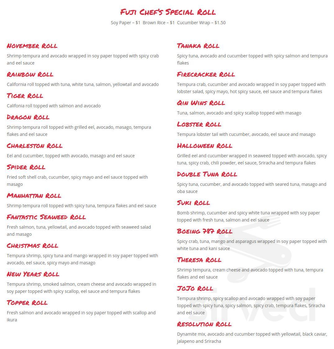 Menu for Fuji sushi bar and grill Nexton' in Summerville, South ...
