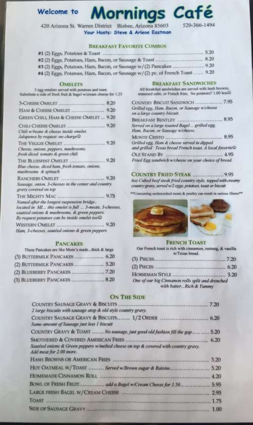 Mornings Cafe menu in Bisbee, Arizona, USA