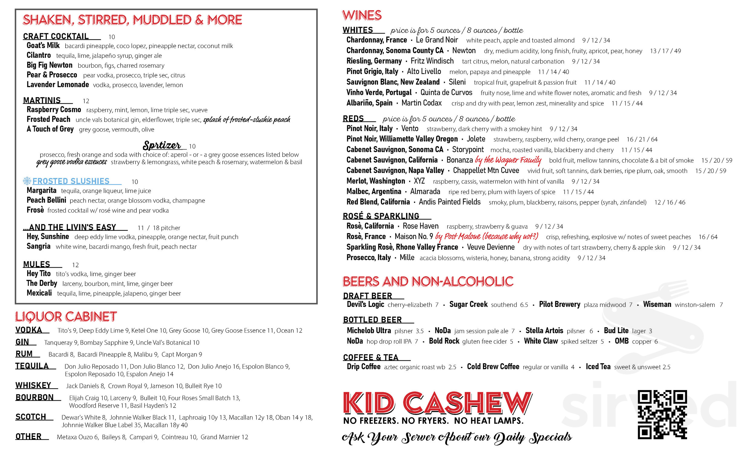 KID CASHEW Menu - Charlotte, North Carolina | Sirved