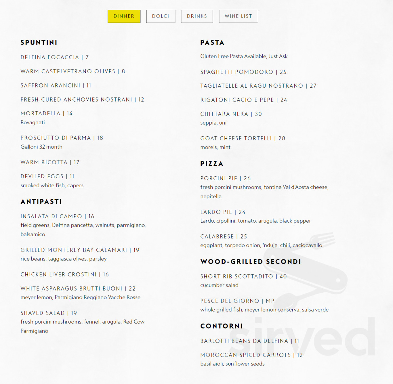 Delfina Restaurant menu in San Francisco, California, USA