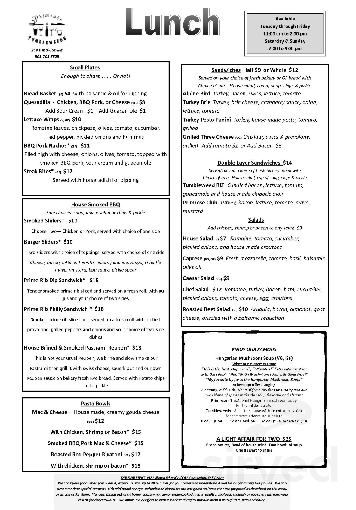 Menu - Hillsboro OR's Primrose & Tumbleweeds | Sirved