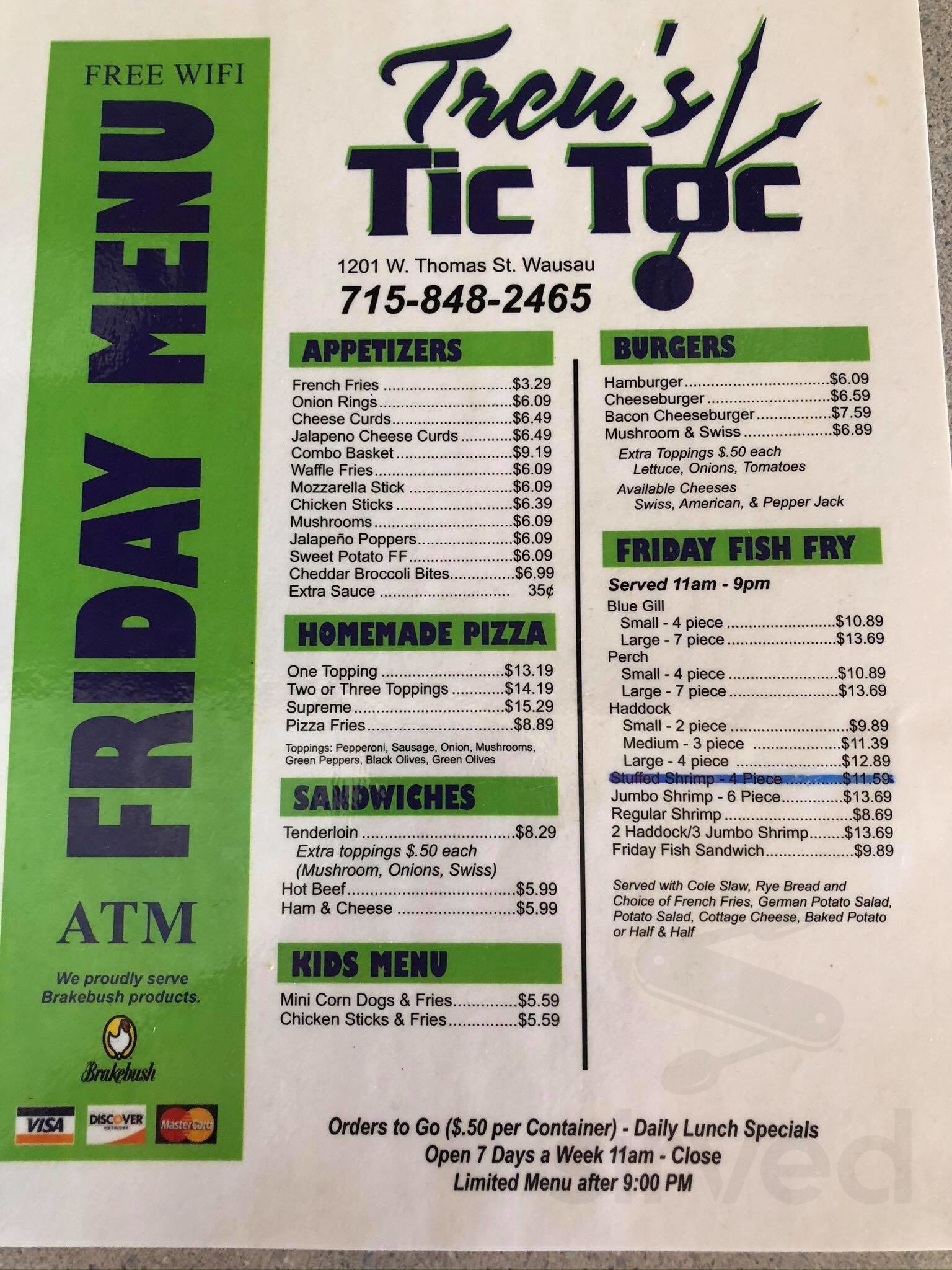 Treu's Tic Toc Bar & Grill menu in Wausau, Wisconsin, USA