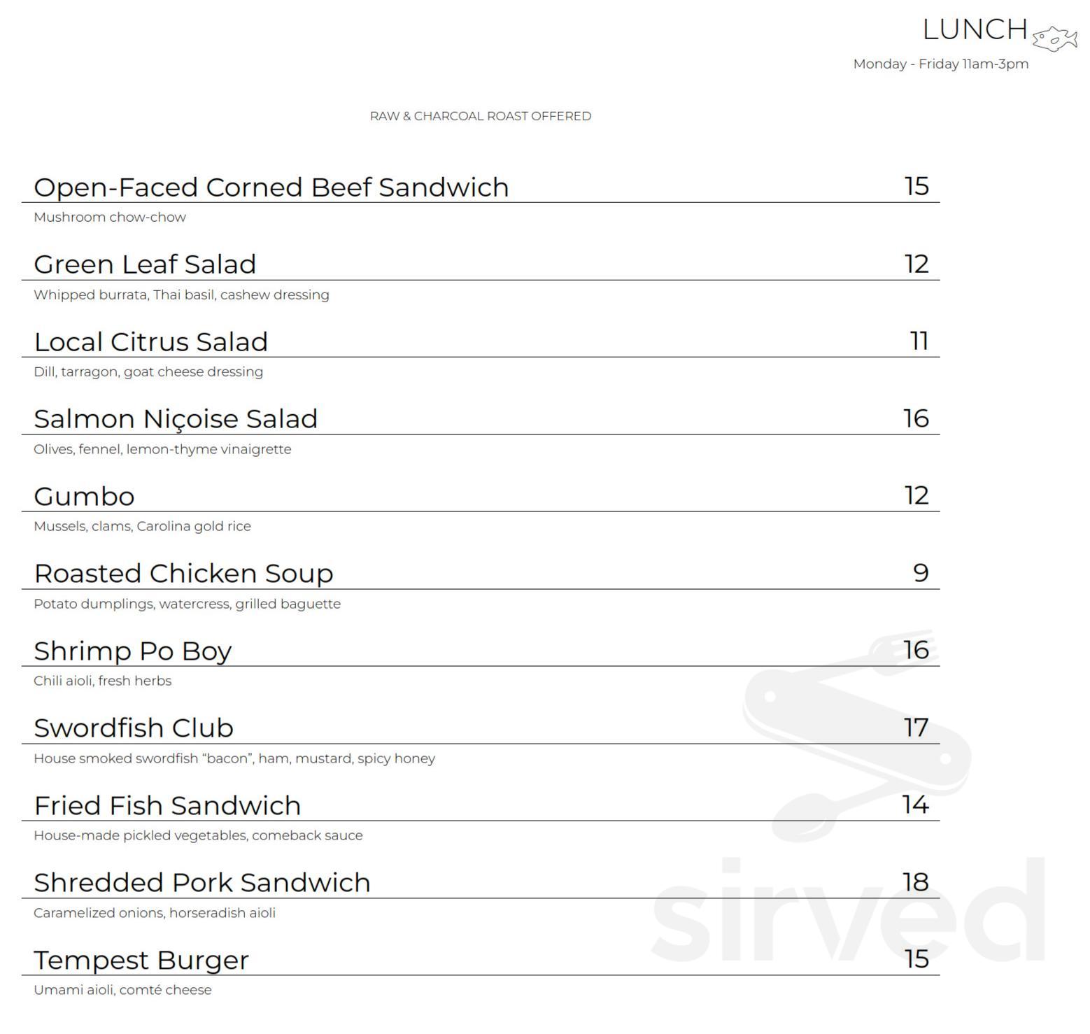 Tempest Charleston menu in Charleston, South Carolina, USA