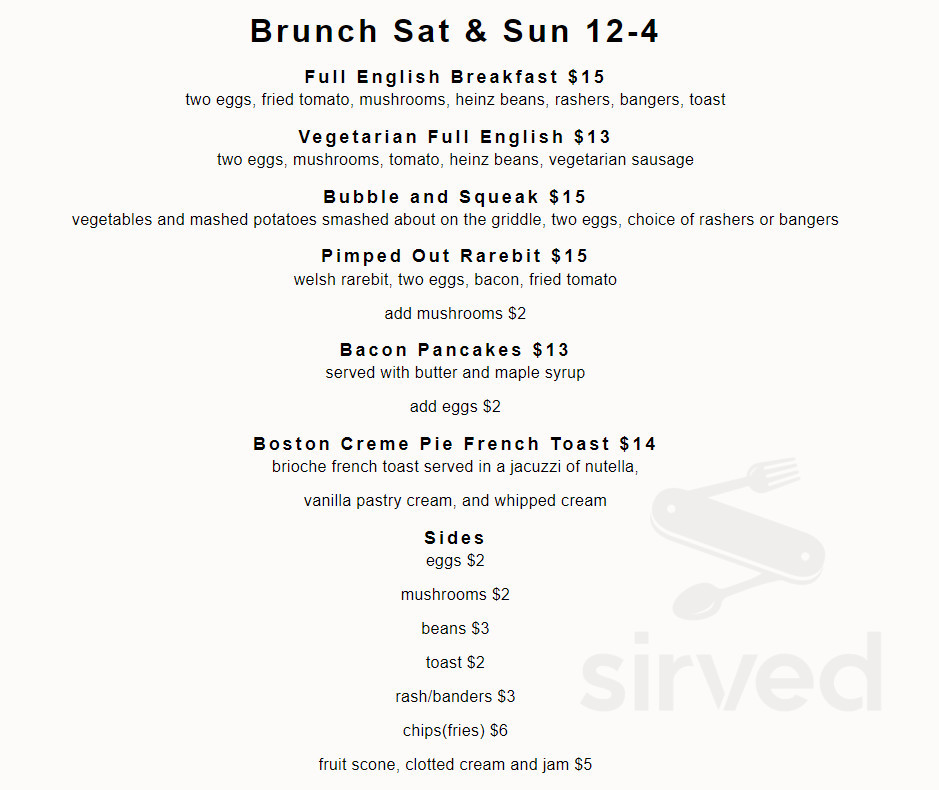 The Victoria Freehouse menu in Philadelphia, Pennsylvania, USA