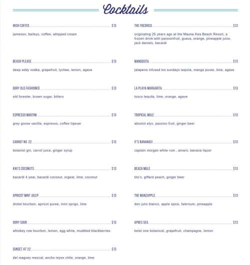 Dory Deli menu in Newport Beach, California, USA