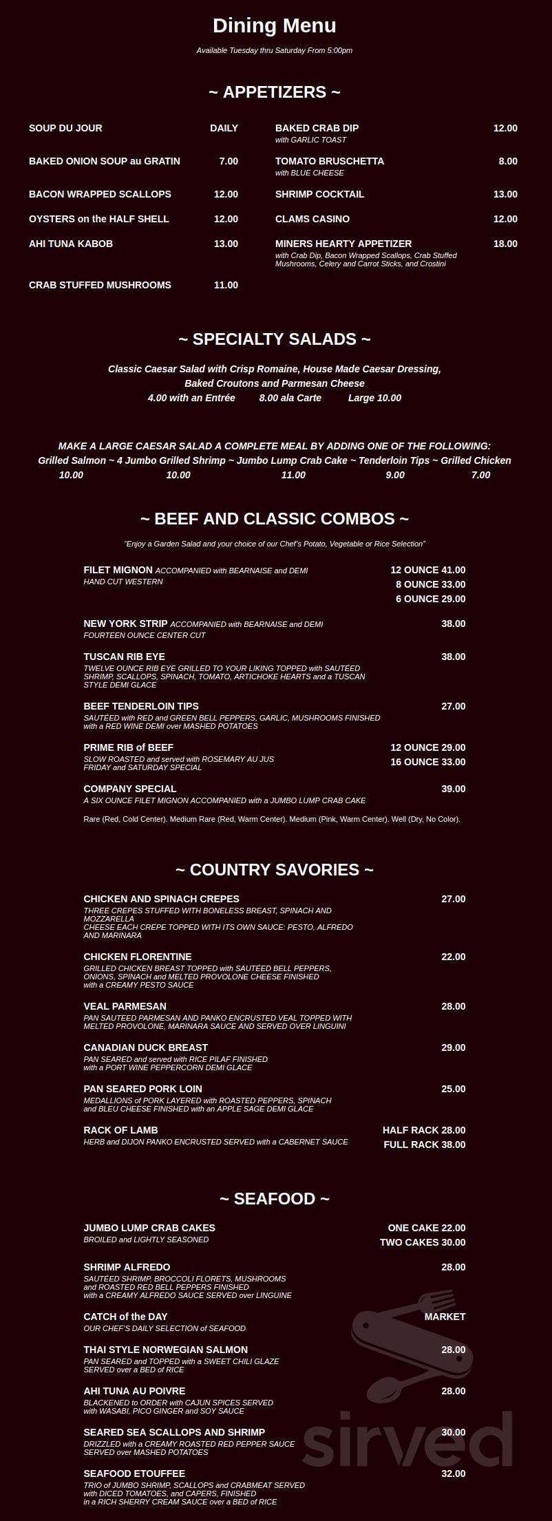 Menu for Tony’s Mining Company Restaurant in Lebanon, PA | Sirved