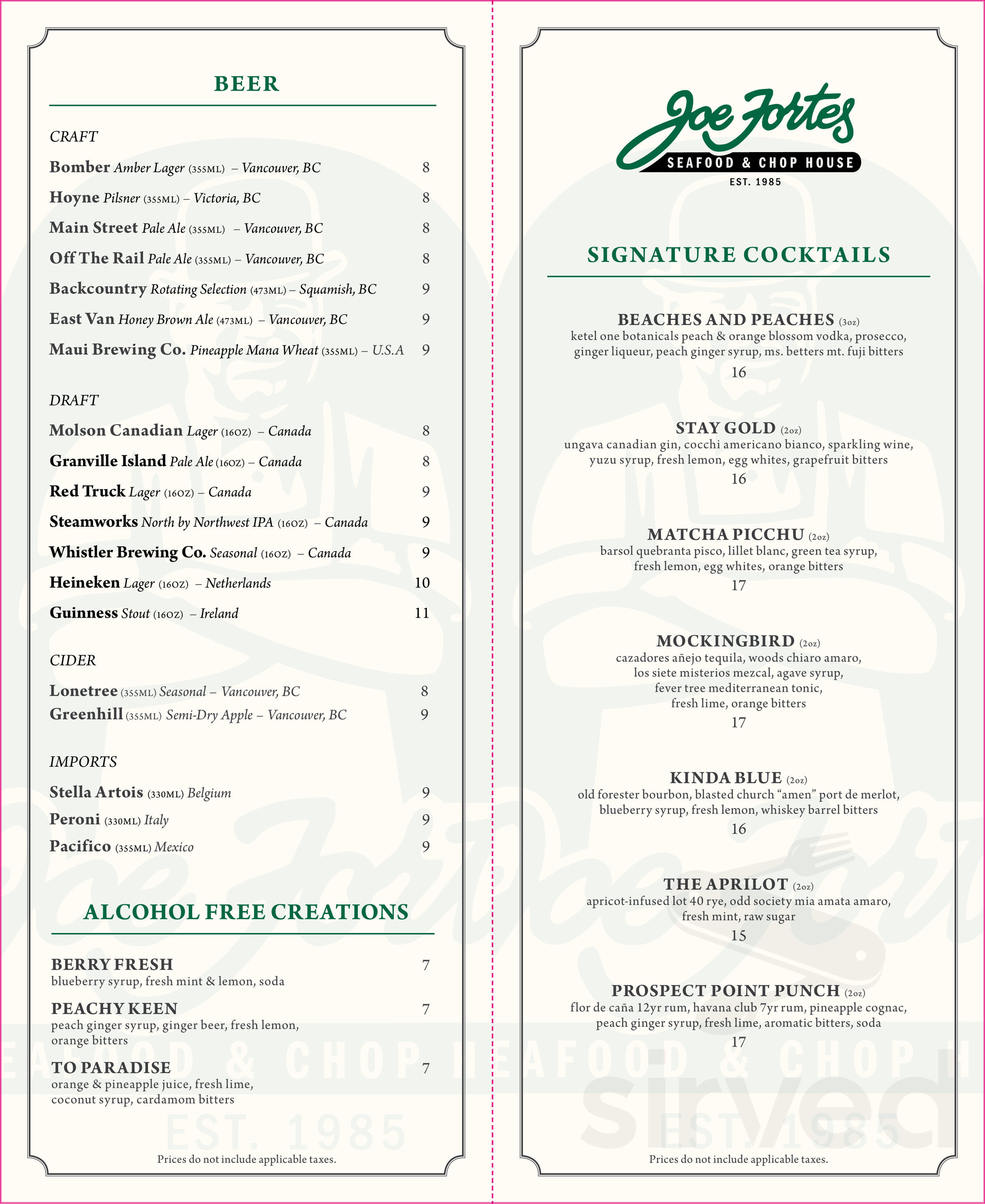 Menu for Joe Fortes Seafood & Chop House in Vancouver, BC | Sirved