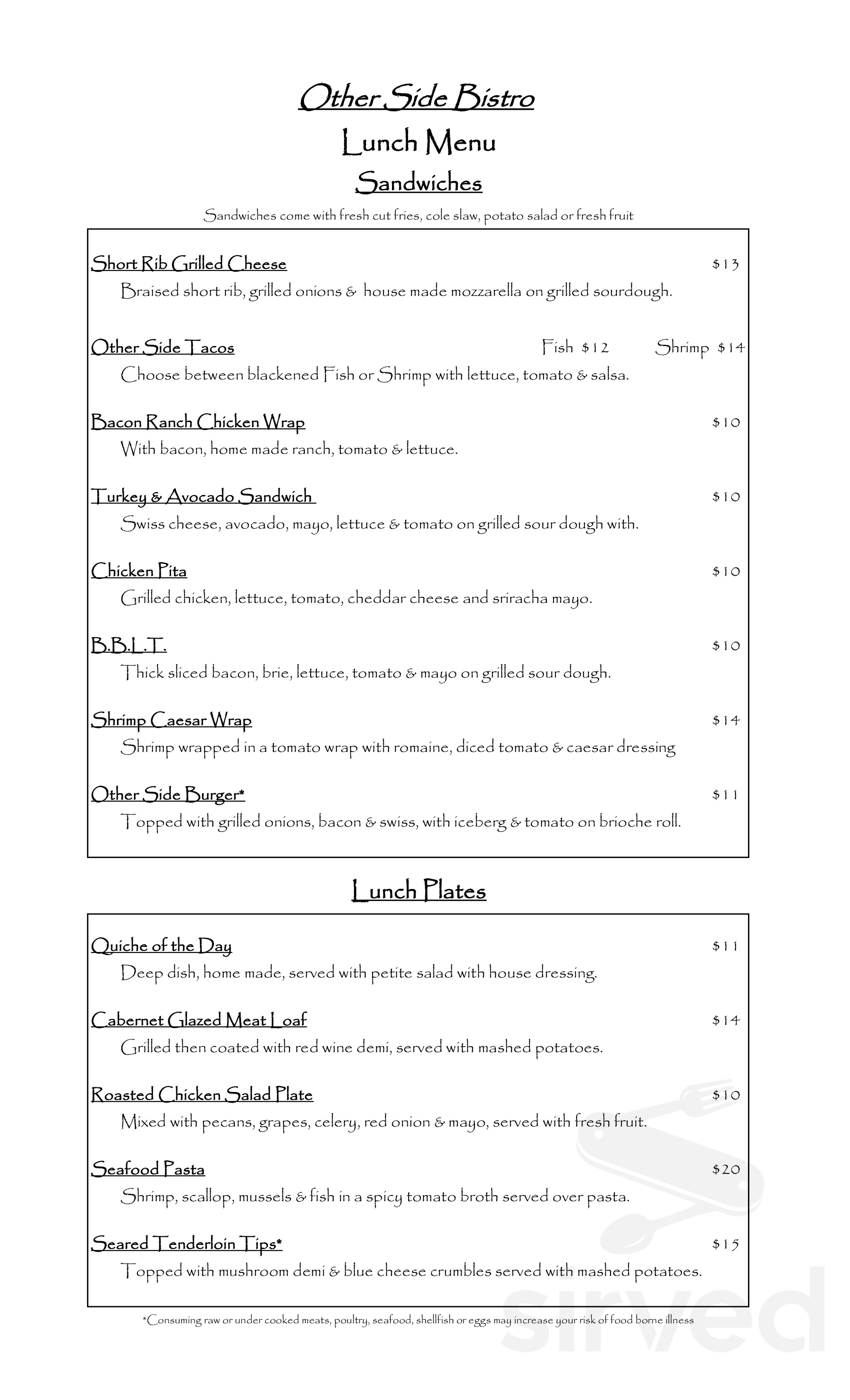 The Other Side Bistro menu in Bonita Springs, Florida, USA