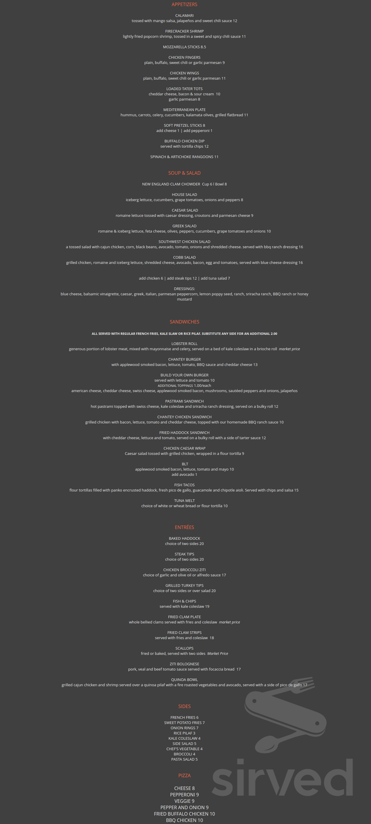 Chantey At Marina Bay menu in Quincy, Massachusetts, USA