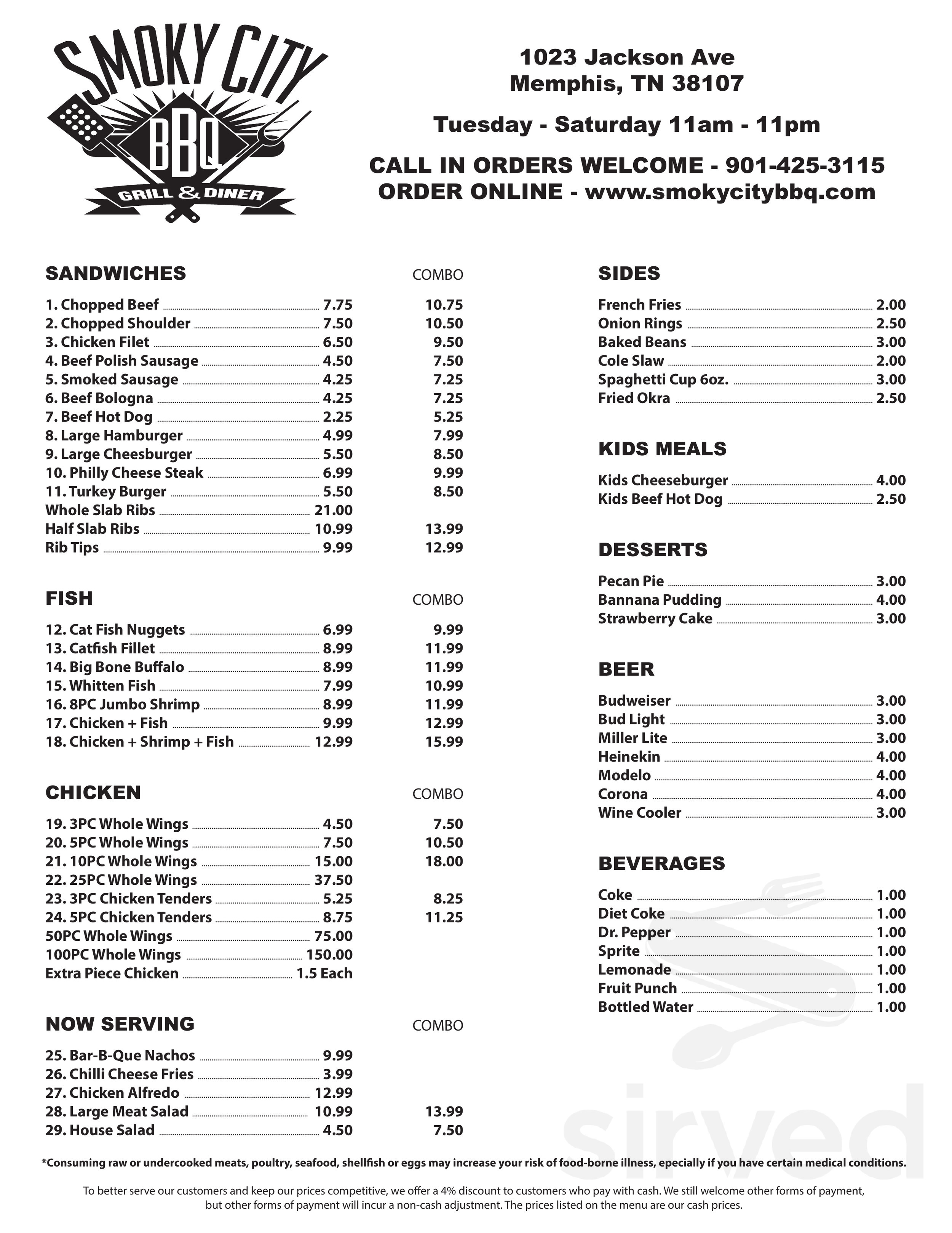 Smoky City BBQ menu in Memphis, Tennessee, USA