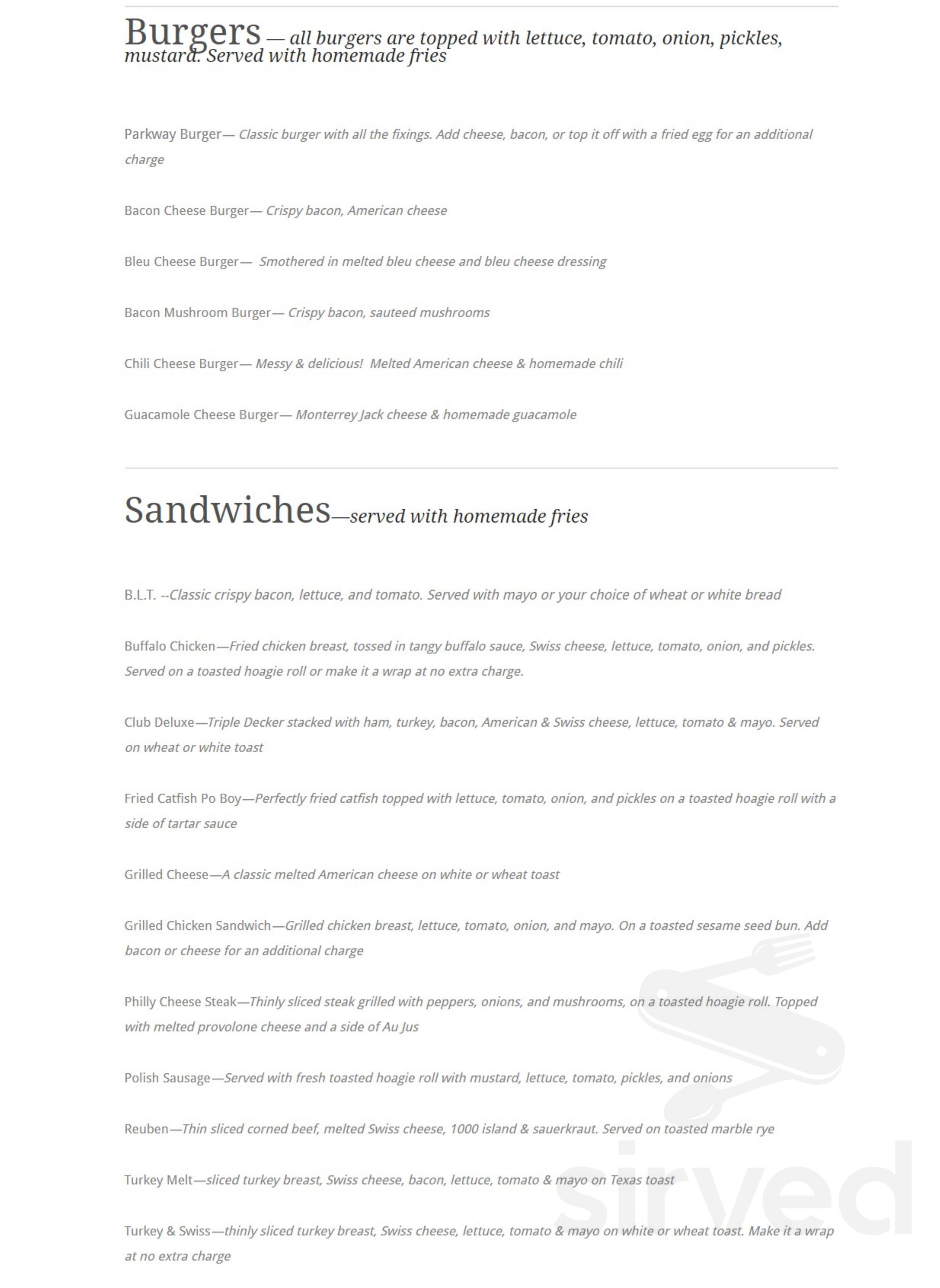 Parkway Tavern and Grill menu in Plano, Texas, USA