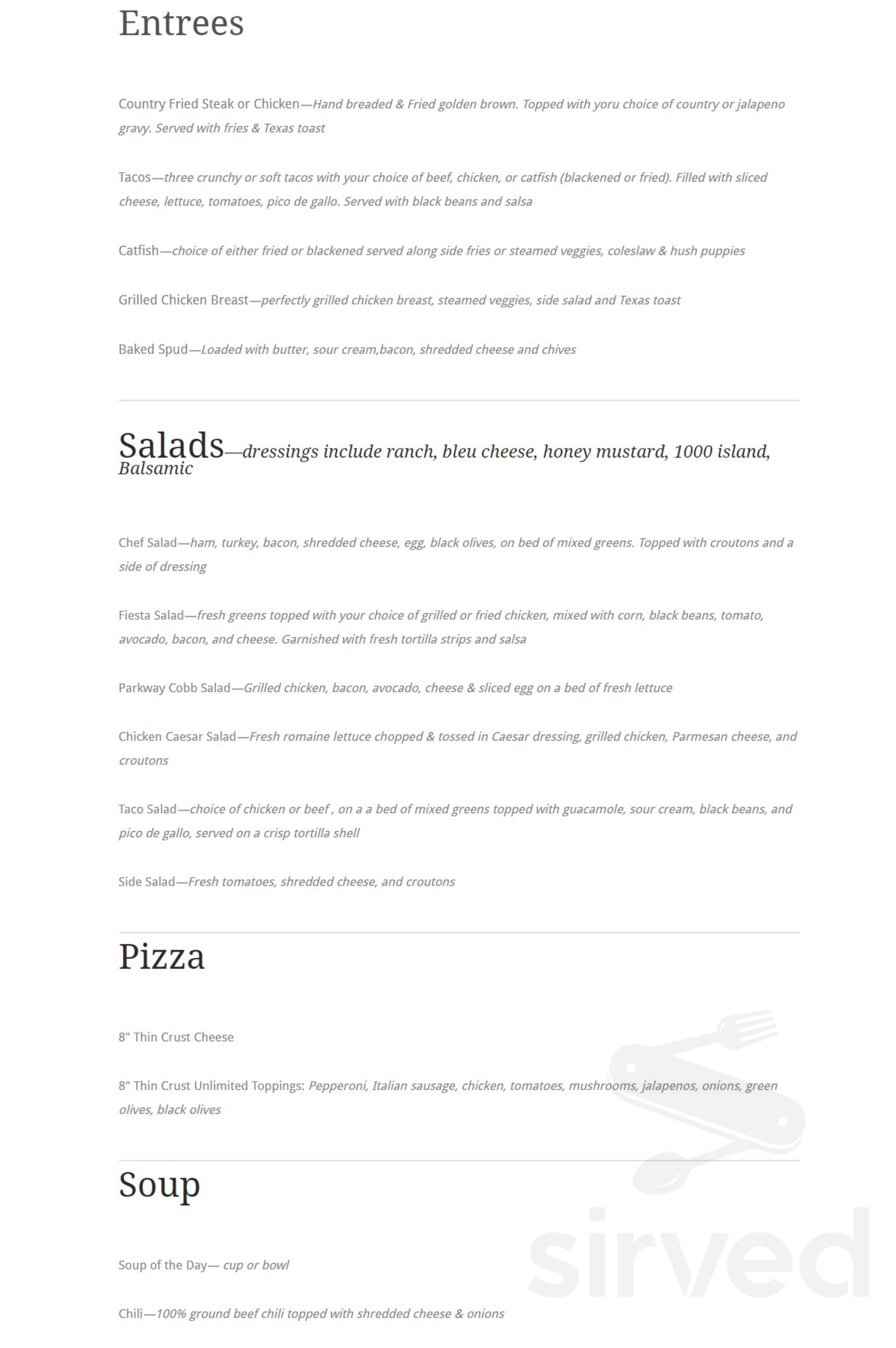 Parkway Tavern and Grill menu in Plano, Texas, USA