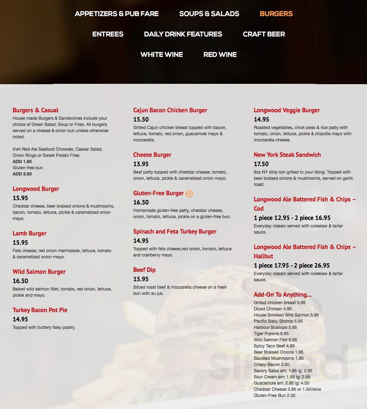 Longwood Brew Pub Menu In Nanaimo British Columbia Canada