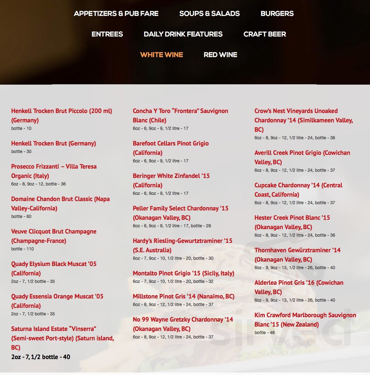 Longwood Brew Pub Menu In Nanaimo British Columbia Canada