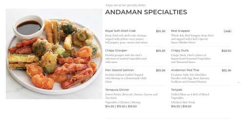 Andaman Asian Cuisine menu in St. Augustine, Florida, USA