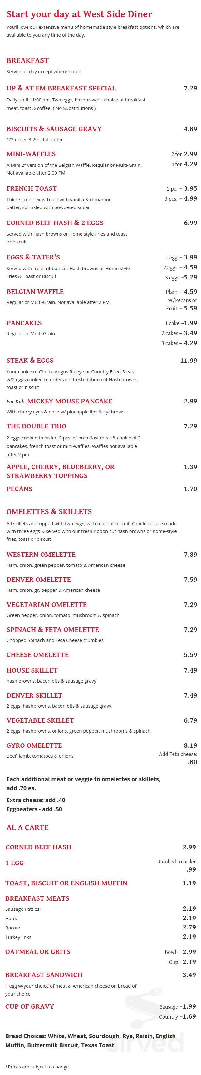 West Side Diner menu in Logansport, Indiana, USA