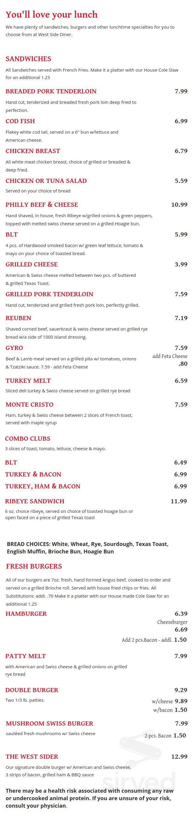 West Side Diner menus in Logansport, Indiana, United States