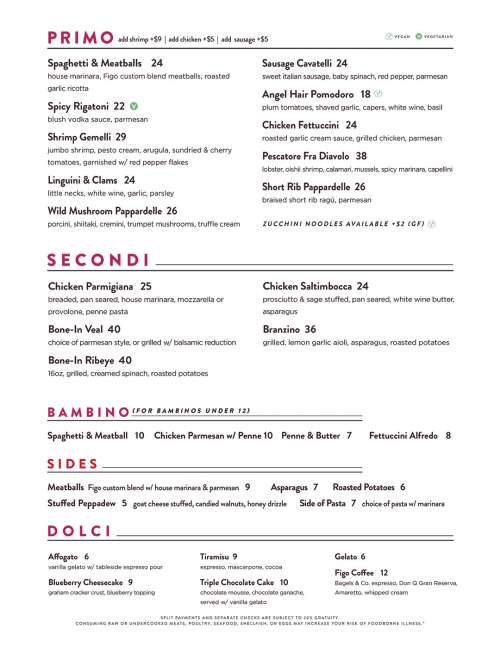 Figo menu in Philadelphia, Pennsylvania, USA