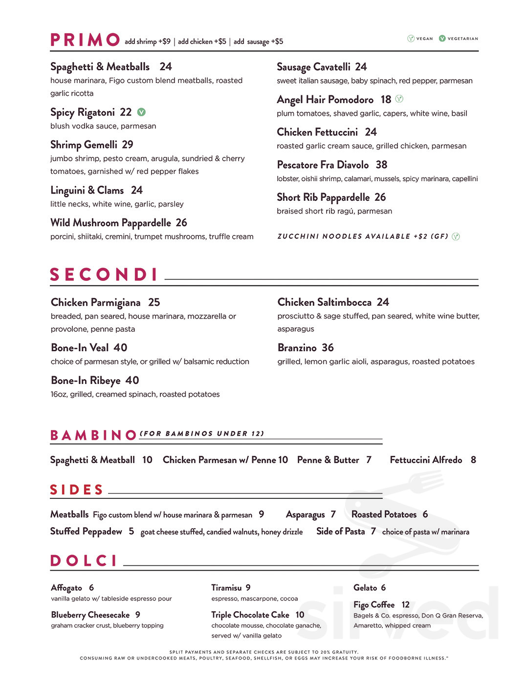 Figo menu in Philadelphia, Pennsylvania, USA